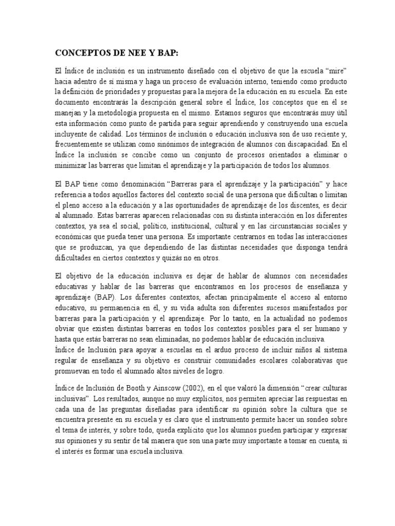 Conceptos de Nee y Bap | PDF | Inclusión (Educación) | Aprendizaje