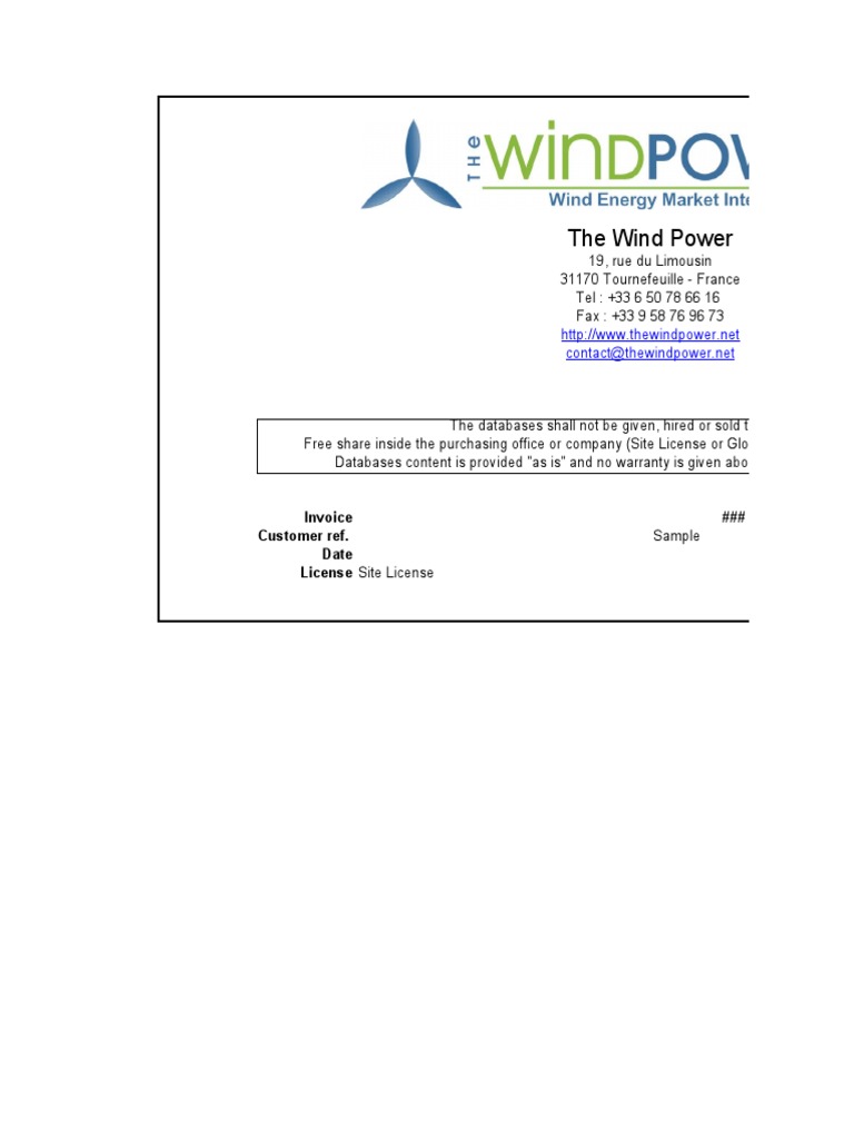 The Wind Power: Invoice ### Customer Ref. Date License Site License ...