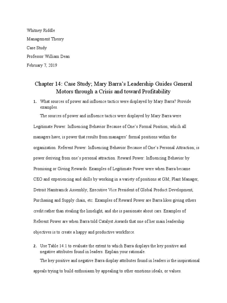 Chapter 14: Case Study Mary Barra's Leadership Guides General Motors Through A Crisis and Toward ...