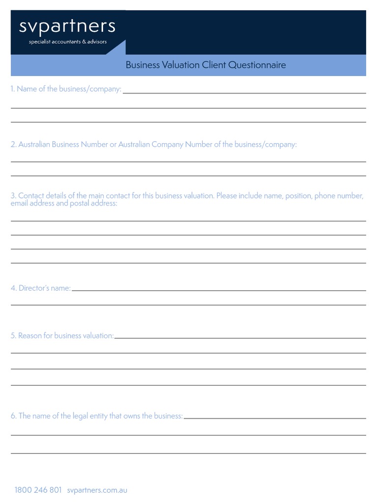 Business Valuation Questionnaire | PDF | Business Valuation | Valuation ...