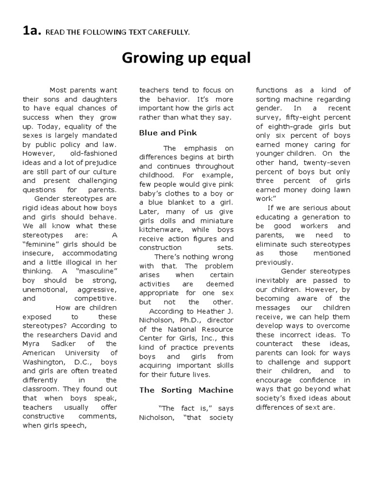 Growing Up Equal: Read The Following Text Carefully | PDF | Femininity ...