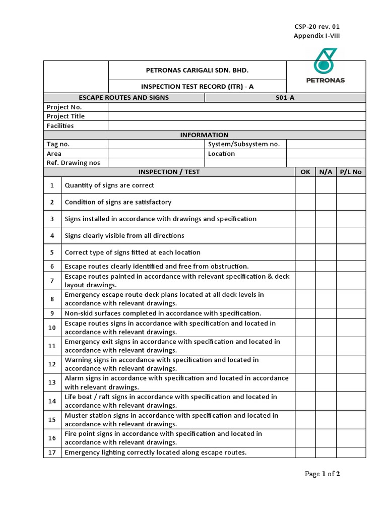 Petronas Carigali Sdn. Bhd. Inspection Test Record (Itr) - A Escape ...
