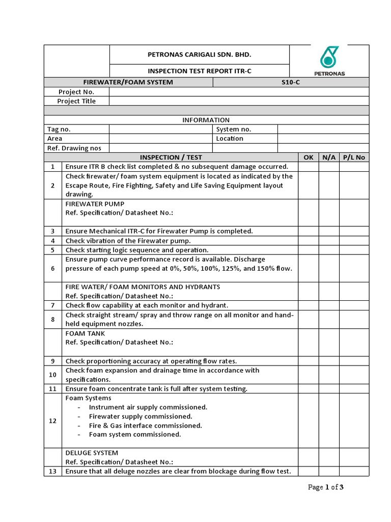 Petronas Carigali Sdn. Bhd. Inspection Test Report Itr-C Firewater/Foam ...