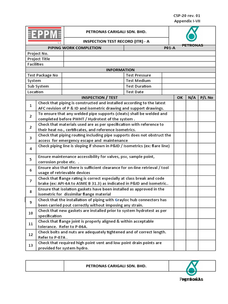Petronas Carigali Sdn. Bhd. Inspection Test Record (Itr) - A Piping ...