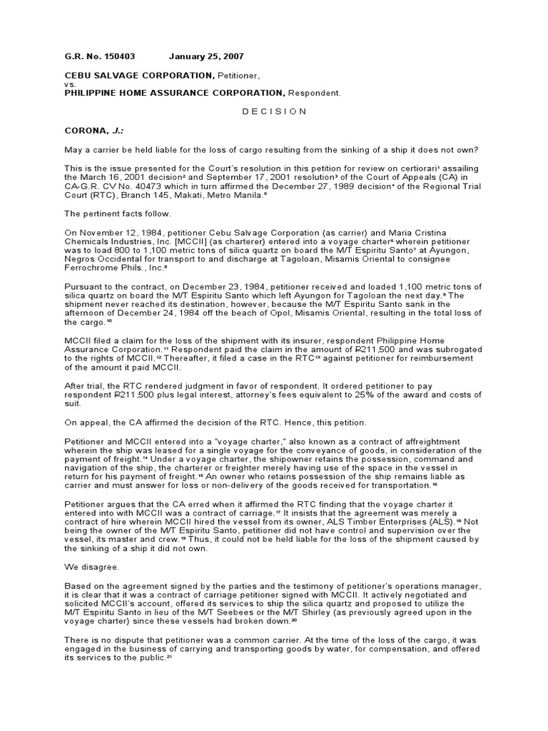 Cebu Salvage Corp Vs Phil Home Assurance Corp | PDF | Bill Of Lading ...