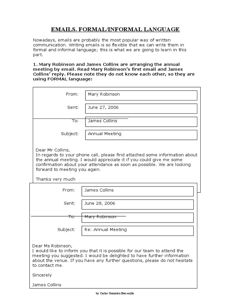 Emails. Formal/Informal Language: by Carlos González Barcenilla | PDF