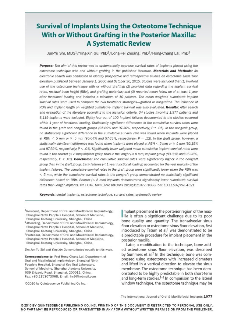 Survival of Implants Using The Osteotome Technique With or Without ...
