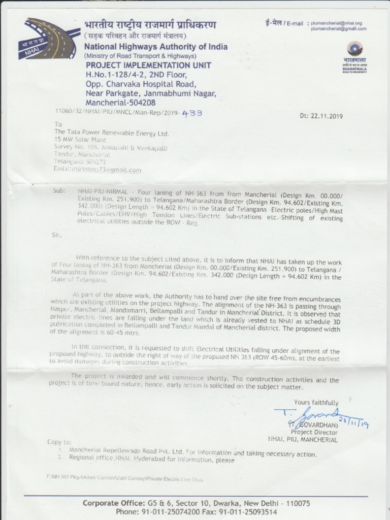 NHAI Letter For Pole Shifting | PDF