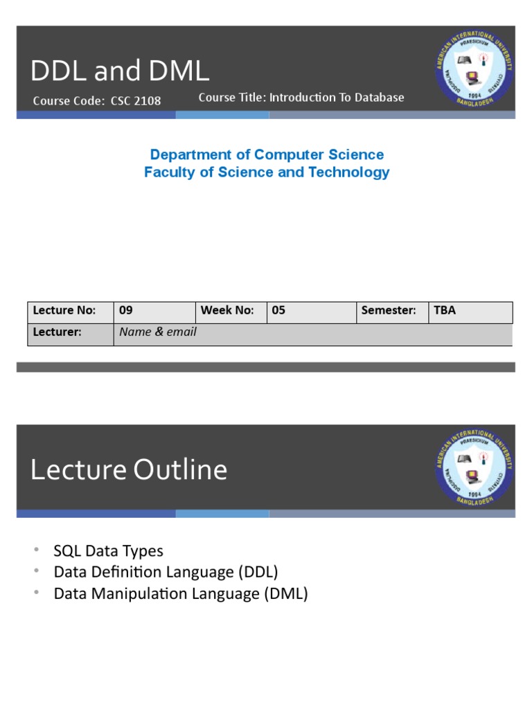 Ddl And Dml Department Of Computer Science Faculty Of Science And