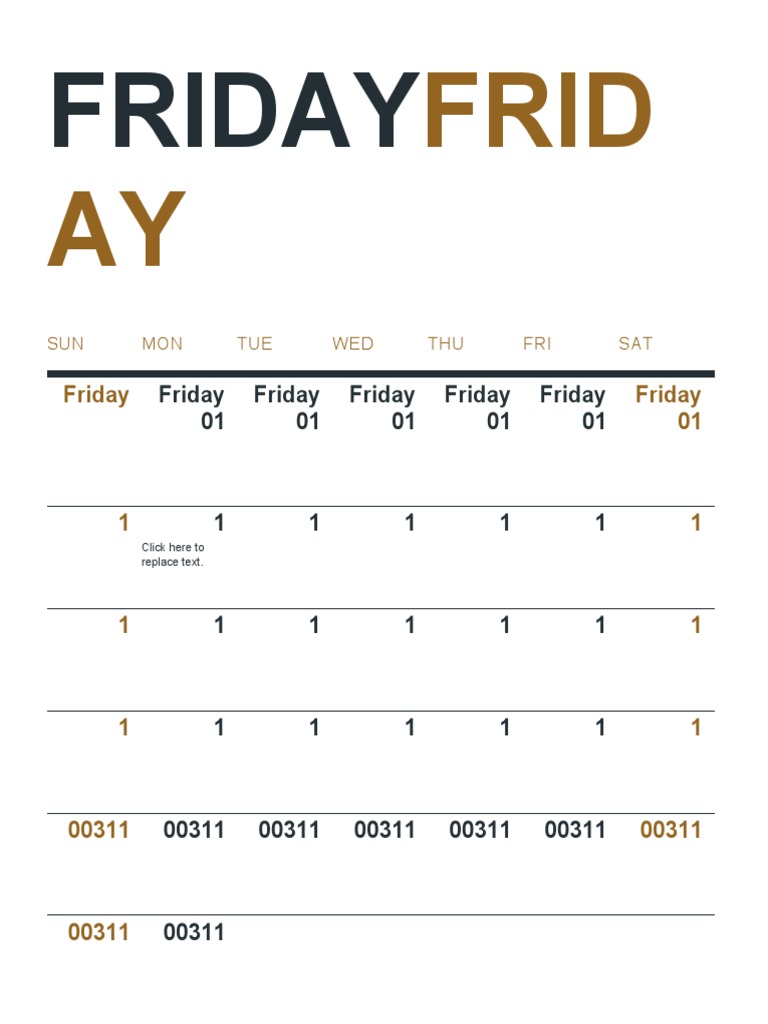 Weekly calendar template with all Fridays | PDF