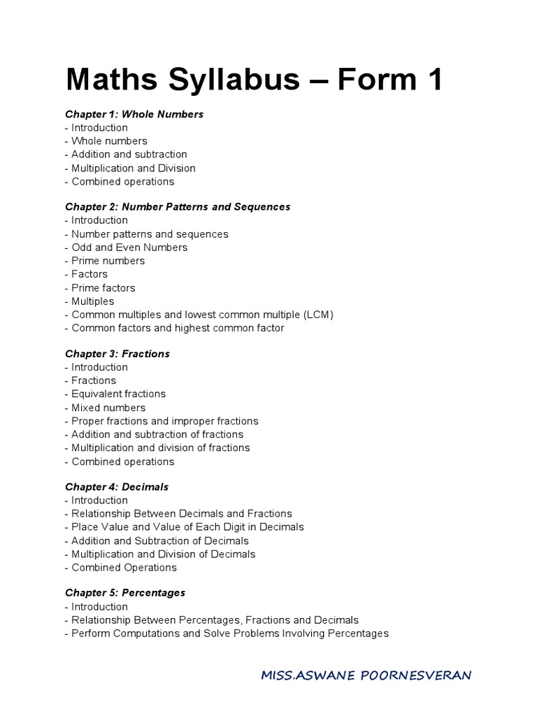 Maths Syllabus - Form 1: Chapter 1: Whole Numbers | Download Free PDF ...
