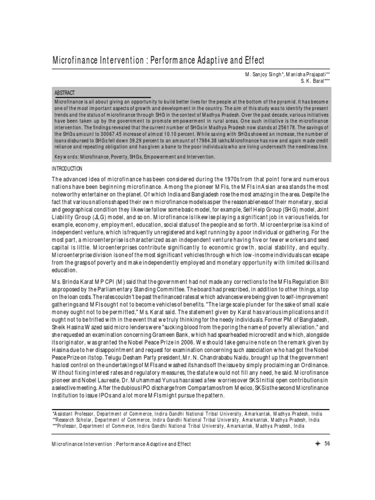 Microfinance Intervention: Performance Adaptive and Effect: M. Sanjoy Singh, Manisha Prajapati S ...