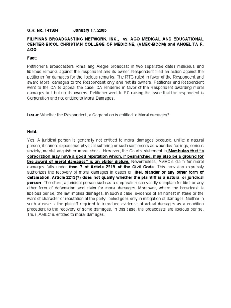 Corporations Can Claim Moral Damages in Cases of Libel Per Se | PDF