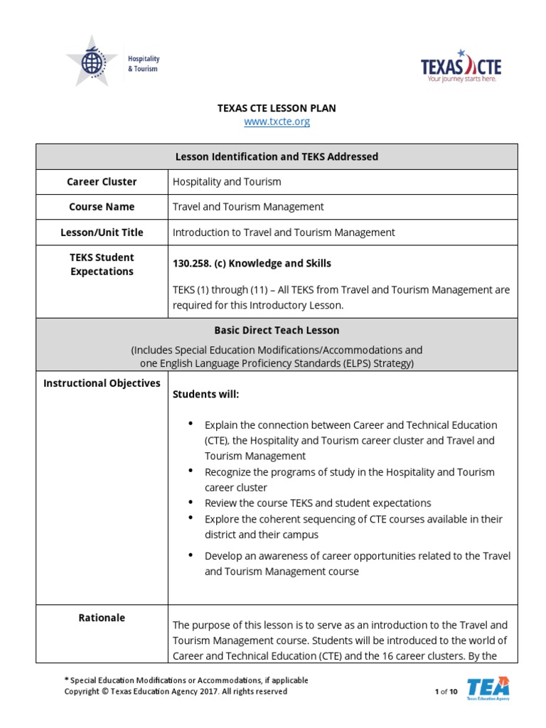 Lesson Plan-Introduction To Travel and Tourism Management | Download ...