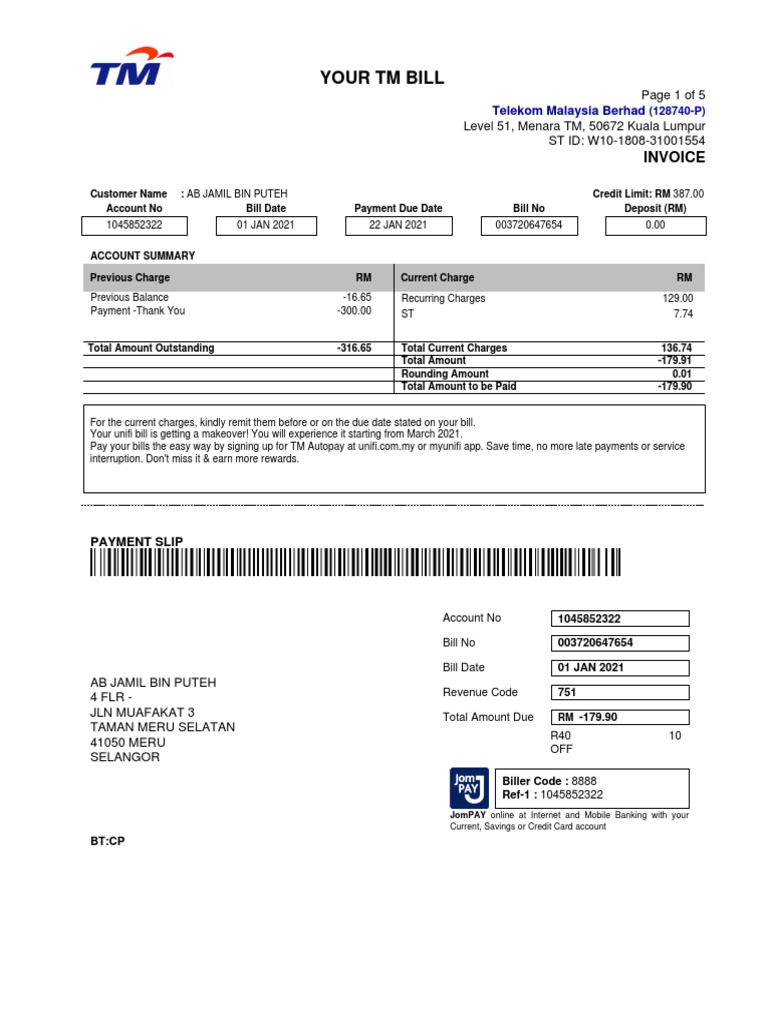 Your TM Bill: Page 1 of 5 Level 51, Menara TM, 50672 Kuala Lumpur ST ID ...