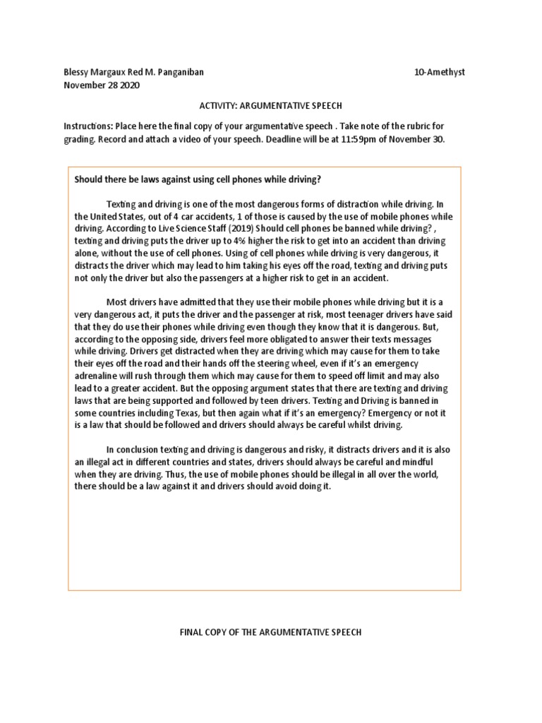 English 10 Activity Final Copy of The Argumentative Speech | PDF | Land ...