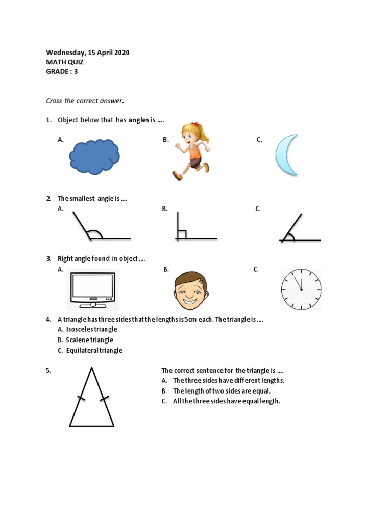 Grade 3 Math Quiz on Angles and Shapes | PDF