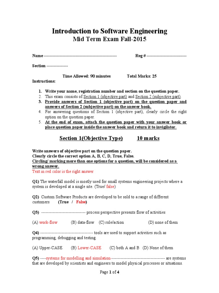 Introduction To Software Engineering: Mid Term Exam Fall-2015 | PDF ...