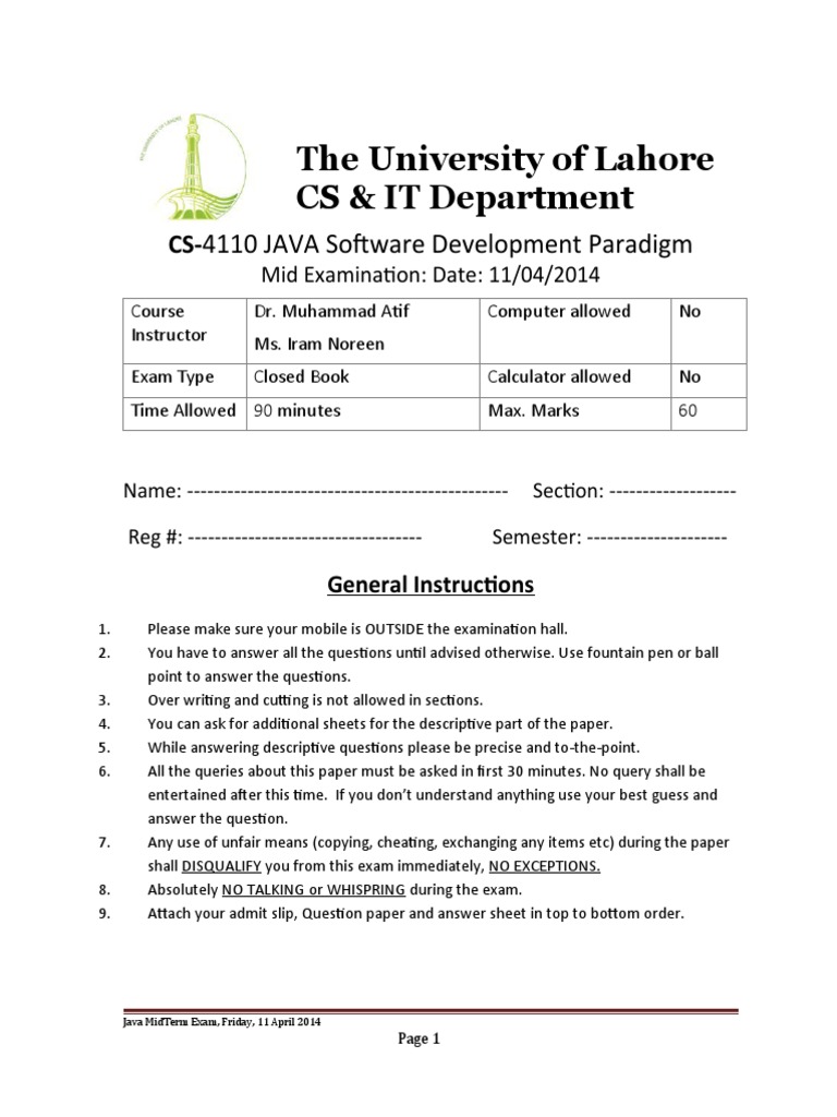 Java BS Mid Paper 2014 | PDF | Java (Programming Language ...