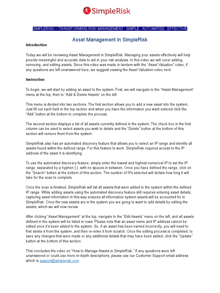 Manage Assets in SimpleRisk Guide | PDF | Information Science | Information Technology