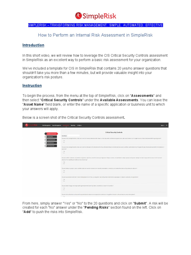 How To Perform An Internal Assessment Using SimpleRisk | PDF | Business ...