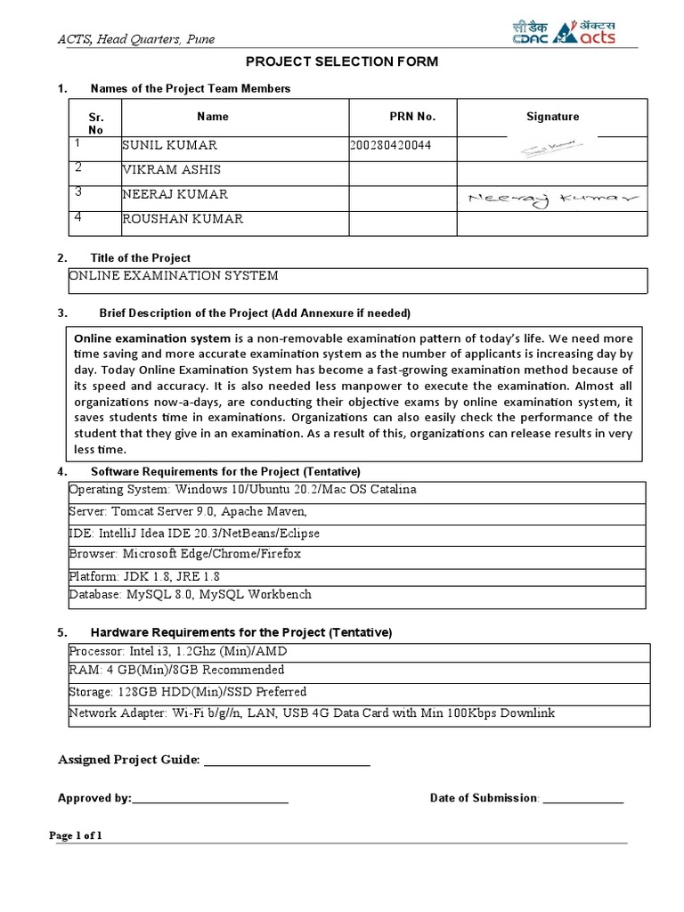 DAC - Student - Project Selection - Form | PDF