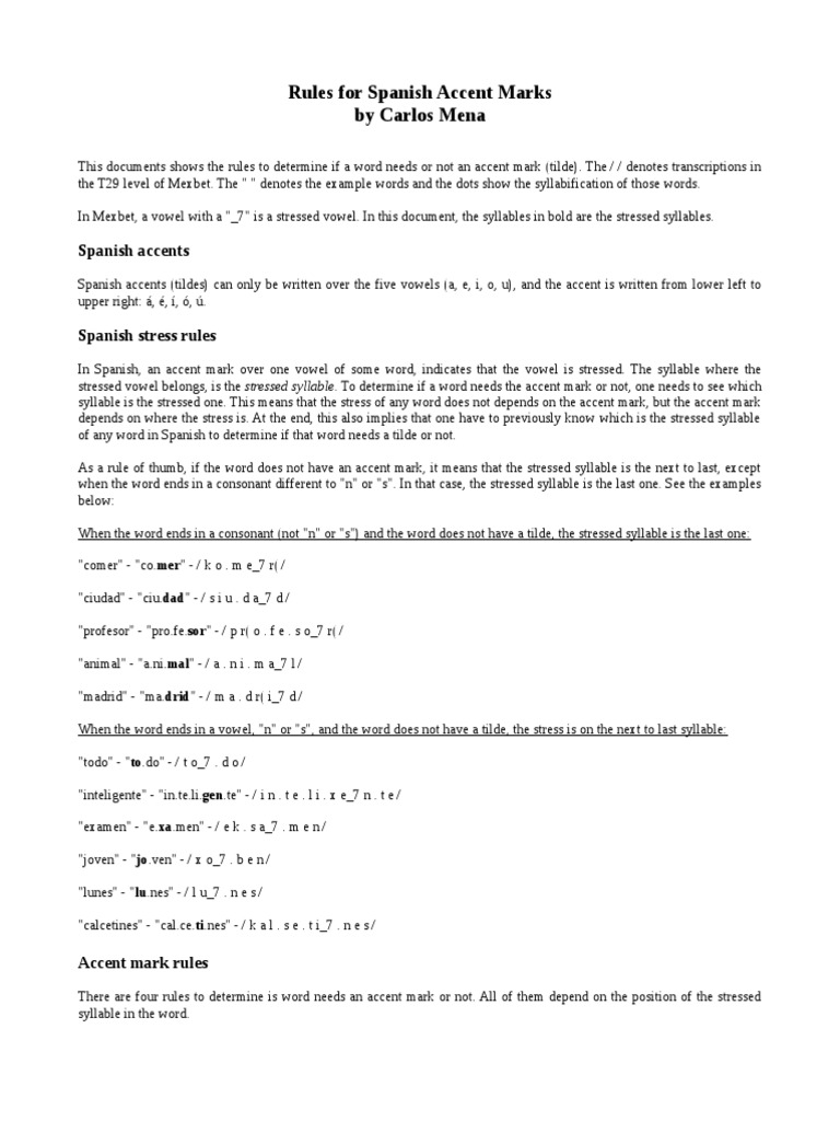 Rules For Spanish Accent Marks PDF | PDF | Stress (Linguistics) | Syllable