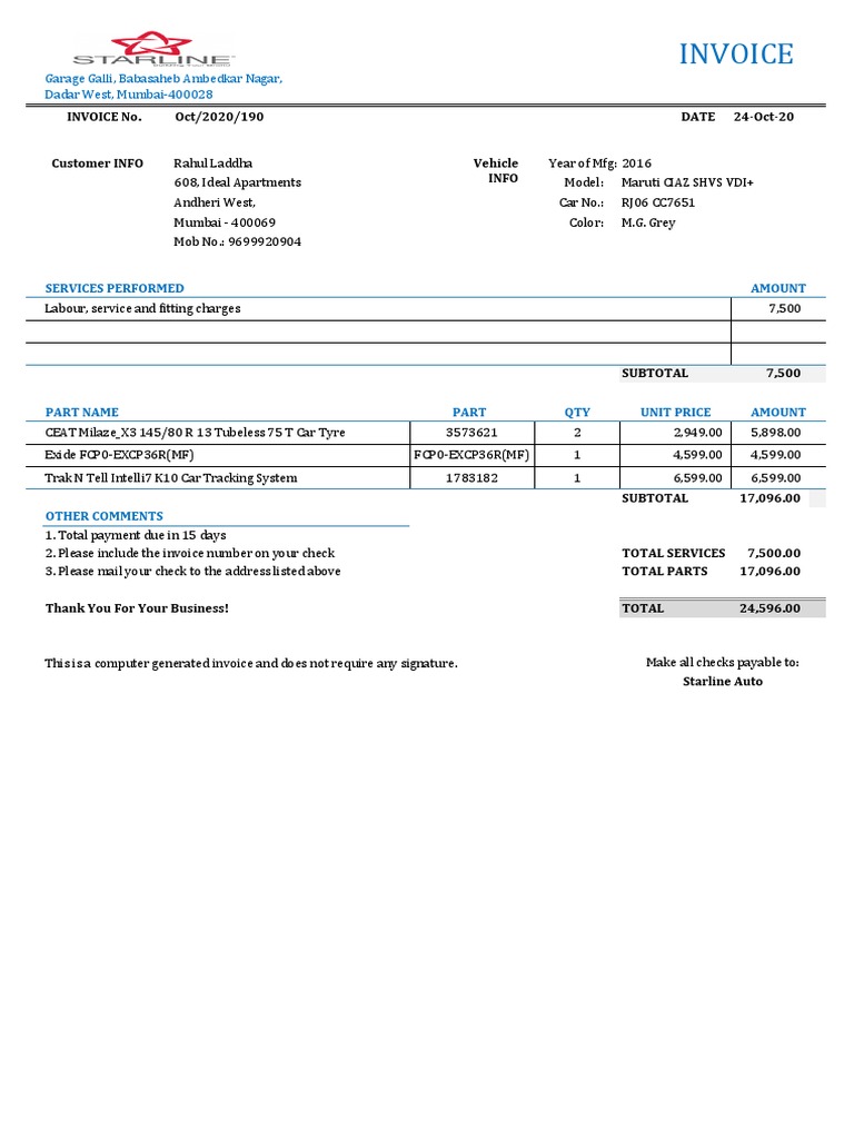 Car Repair Invoice | PDF | Vehicle Technology | Car