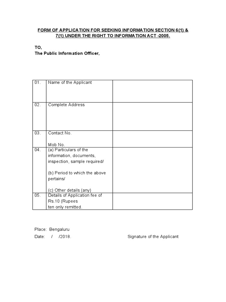 Form of Application For Seeking Information Section 6 (1) & 7 (1) Under The Right To Information ...