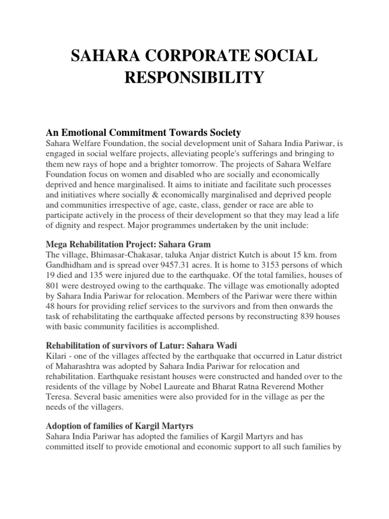 Sahara Corporate Social Responsibility | PDF | Disability | Welfare