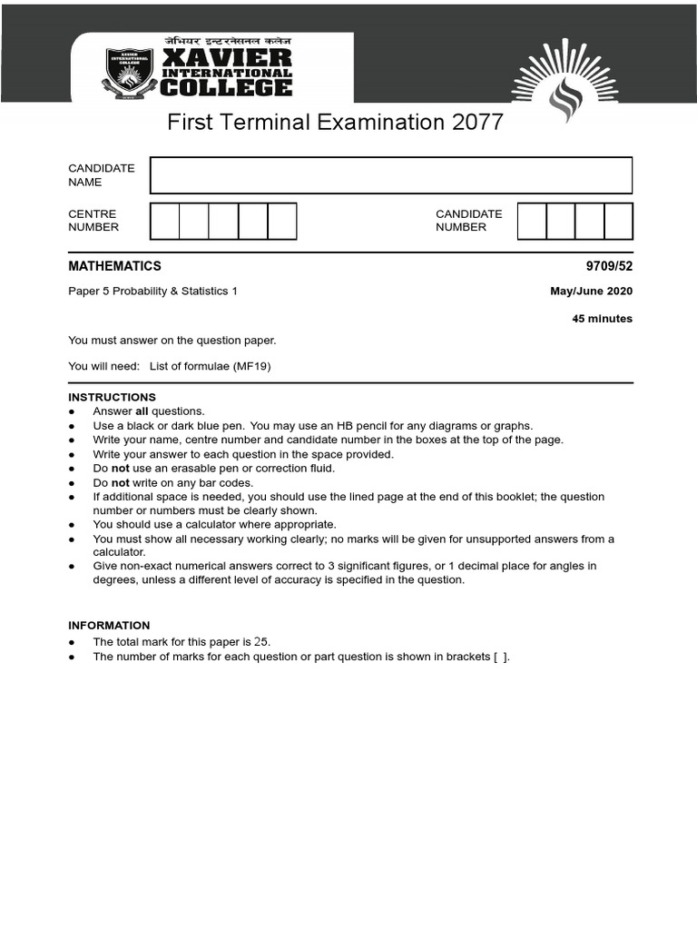 First Terminal Exam 2077 Math Probability Stats | PDF