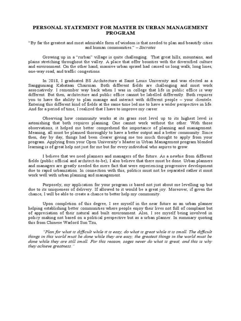 Personal Statement For Master in Urban Management Program | PDF | Human ...
