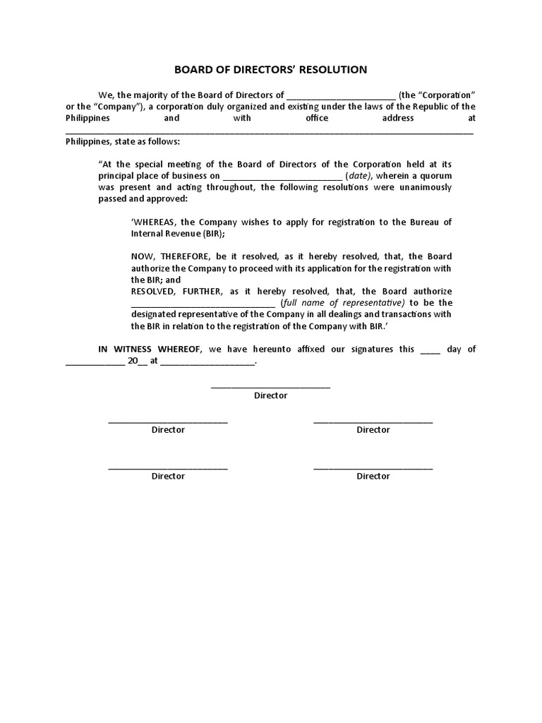 Board Resolution for BIR Registration | PDF