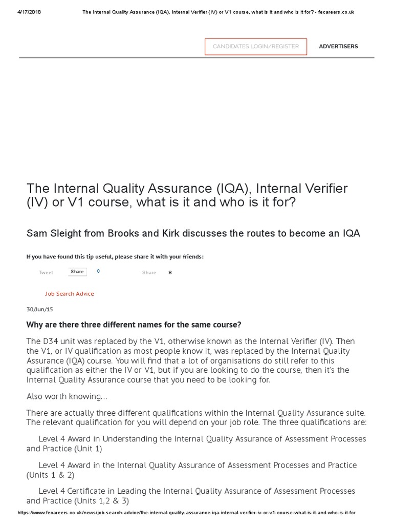 The Internal Quality Assurance (IQA), Internal Verifier (IV) or V1 ...