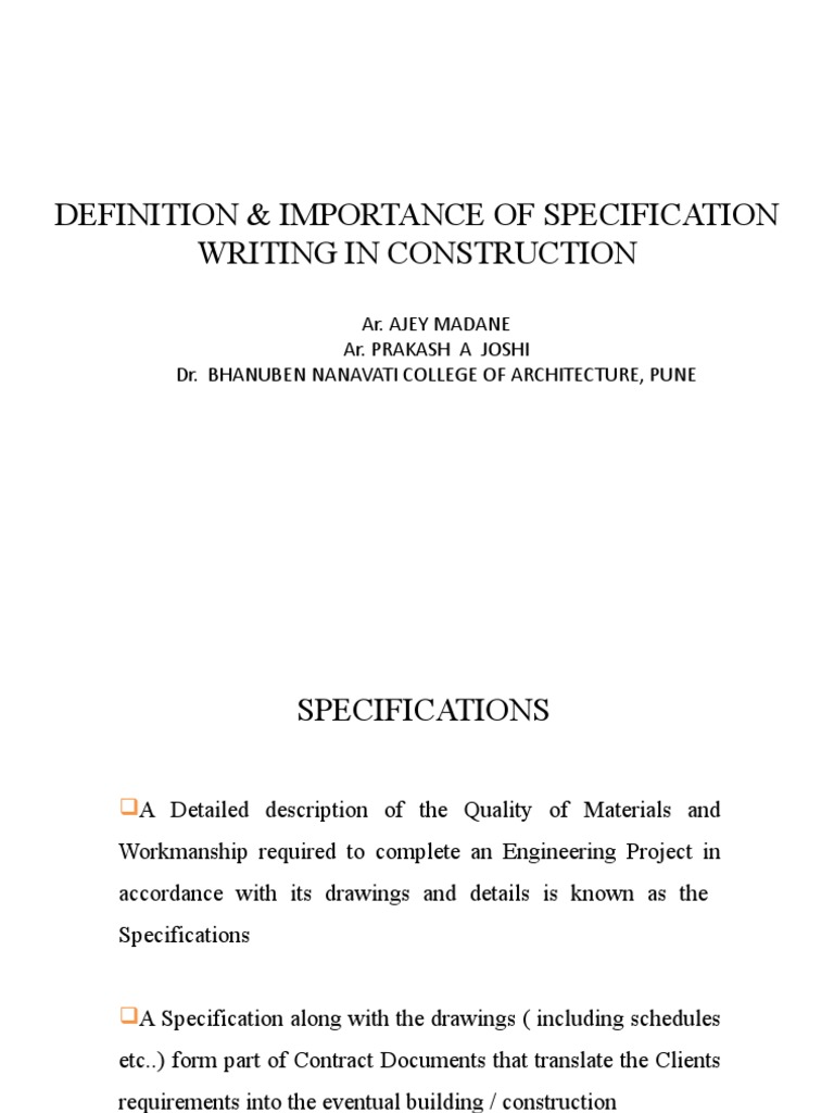 1 - Definition and Importance of Specification Writing - New | PDF ...