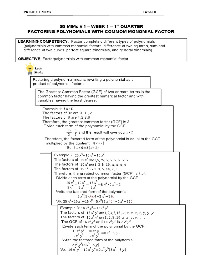 Factoring Polynomials: G8 Week 1 Guide | PDF | Factorization | Polynomial