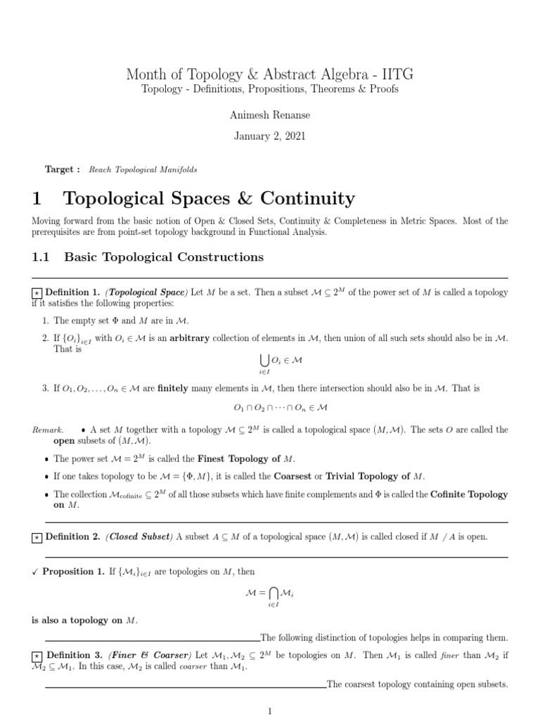 1 Topological Spaces & Continuity: Month of Topology & Abstract Algebra - IITG | Download Free ...
