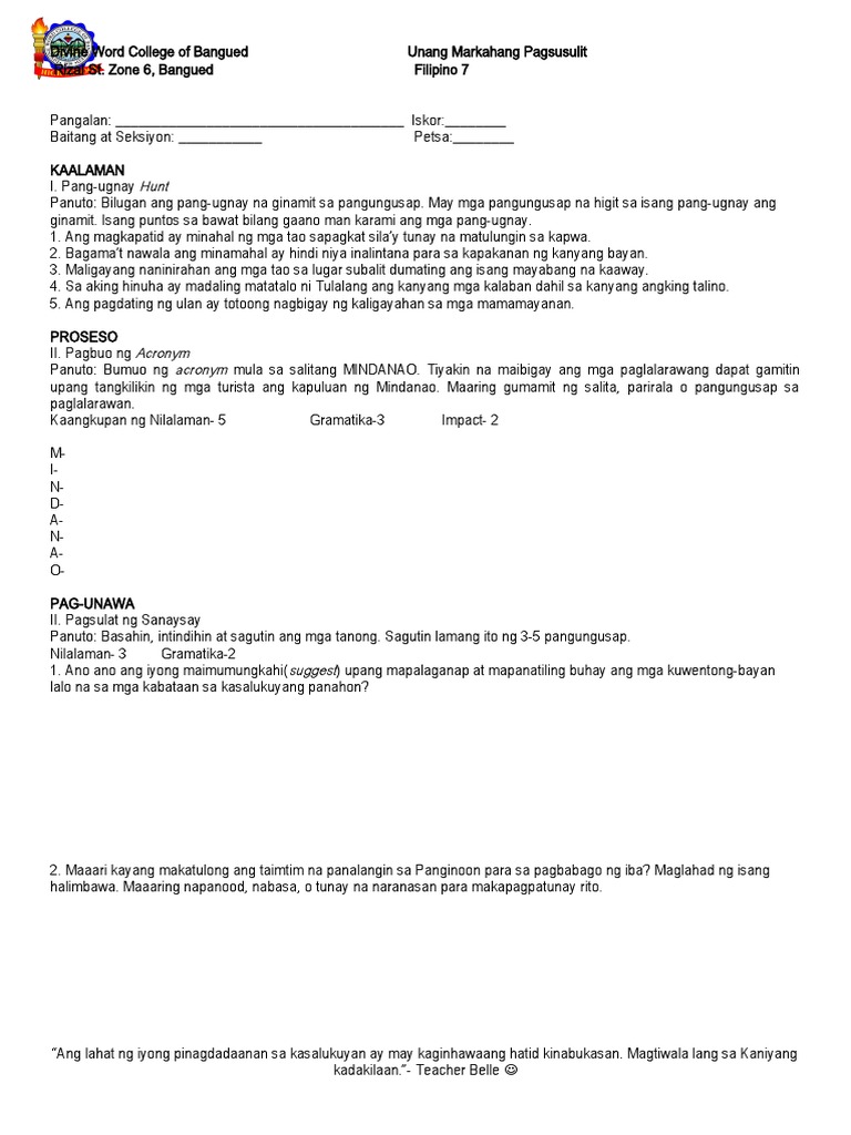 1ST QTR Fil7 Exam | PDF