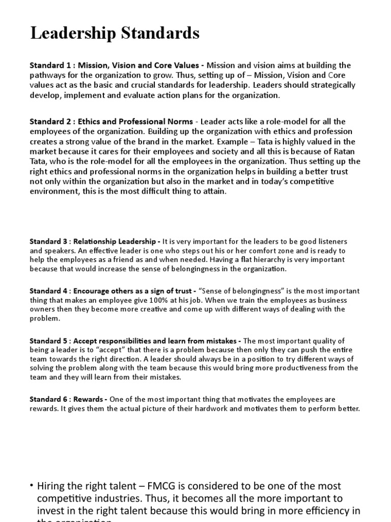 Leadership Standards: Standard 1: Mission, Vision and Core Values ...