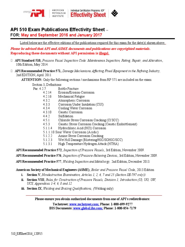 API 510 Exam Publications Effectivity Sheet: May and September 2016 and January 2017 | PDF ...