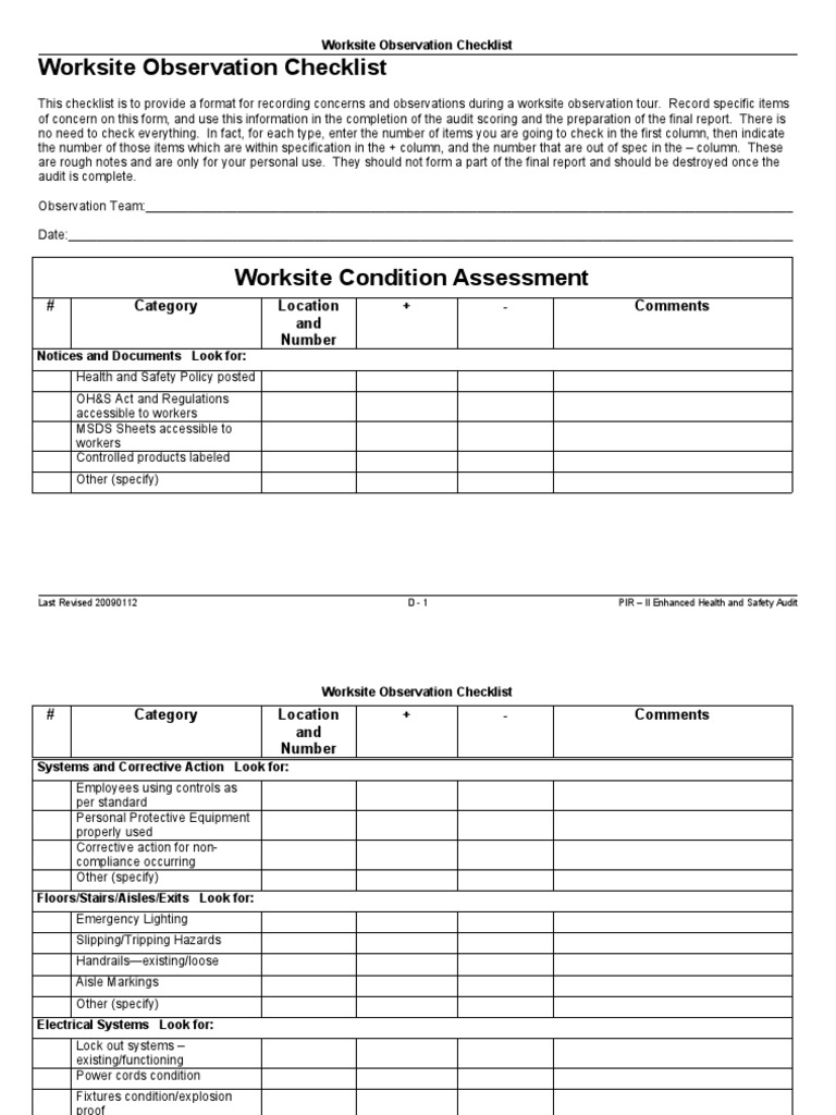 PIR II - Observation Checklist Template | PDF | Specification ...