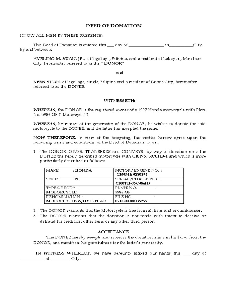 DEED OF Donation OF MOTOR VEHICLE | PDF | Motor Vehicle | Civil Law ...