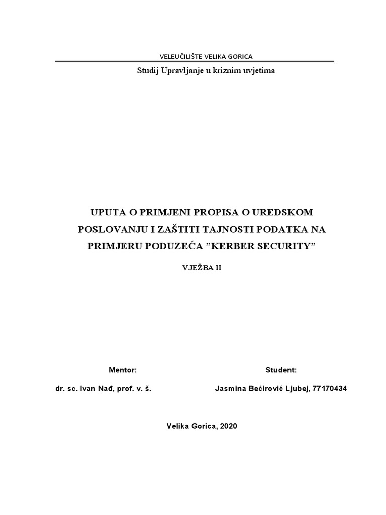 Uputa O Primjeni Propisa O Uredskom Poslovanju I Zaštiti Tajnosti Podatka Na Primjeru Poduzeća ...