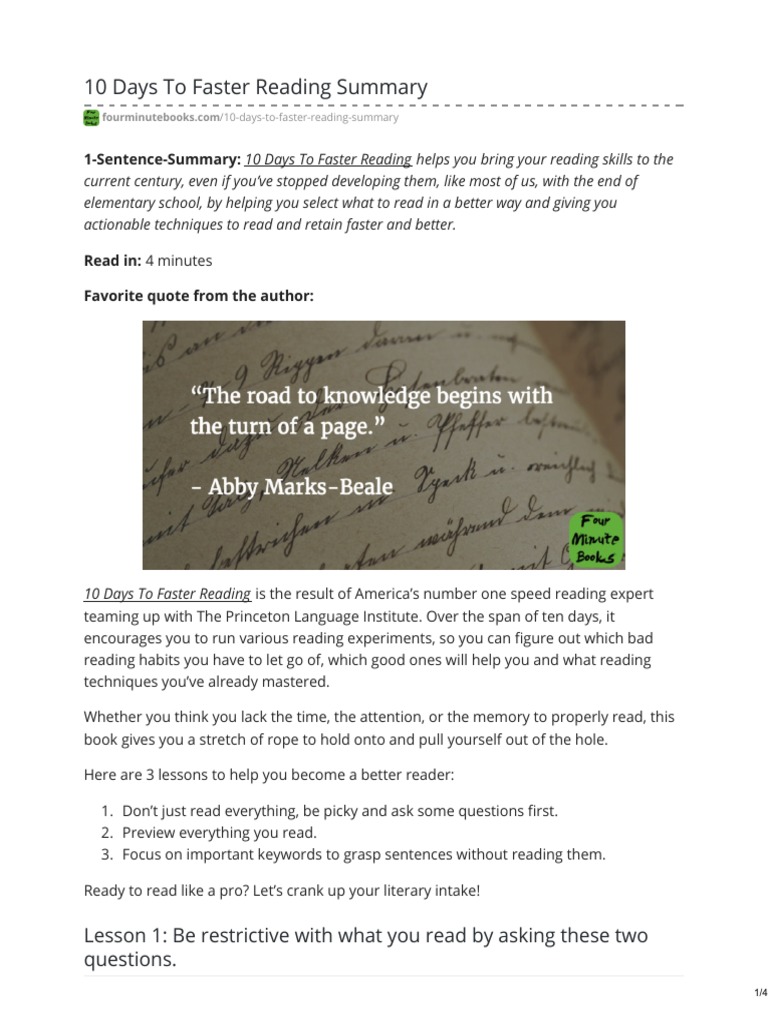 10 Days To Faster Reading Summary | PDF | Speed Reading | Cognition