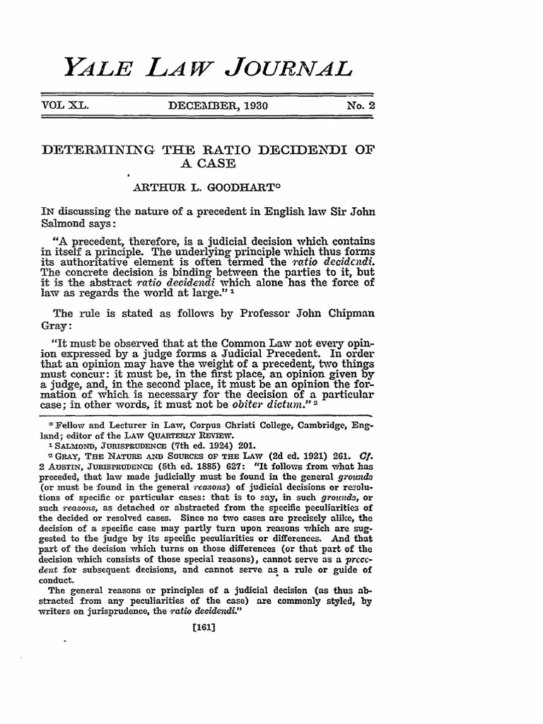 Determining The Ratio Decidendi of A Case (Goodhart) (40 YALE L. J. 161 ...