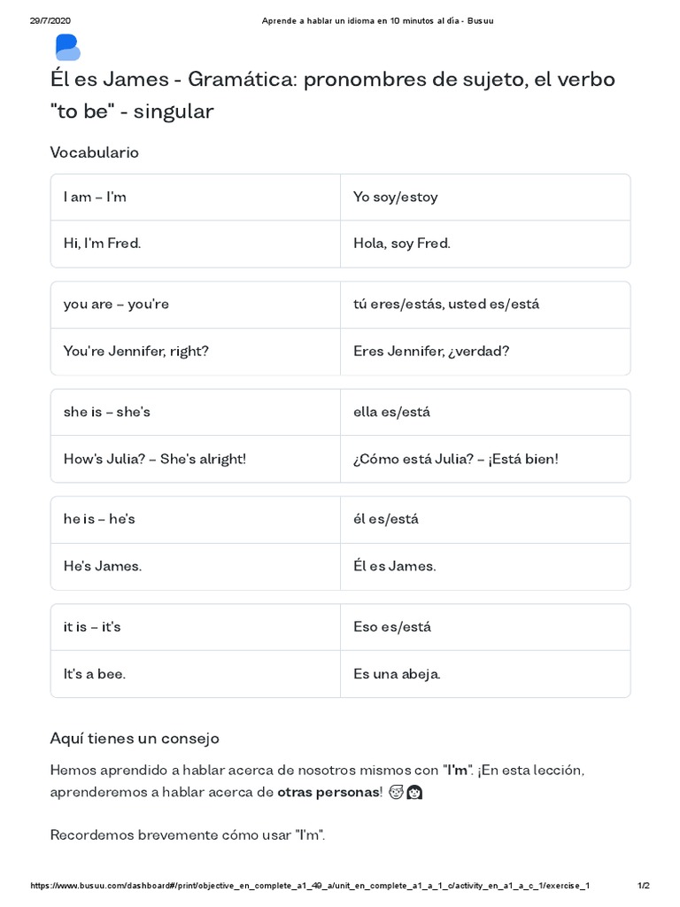 El Es James Gramatica Pronombres de Sujeto El Verbo To Be | PDF | Verbo ...
