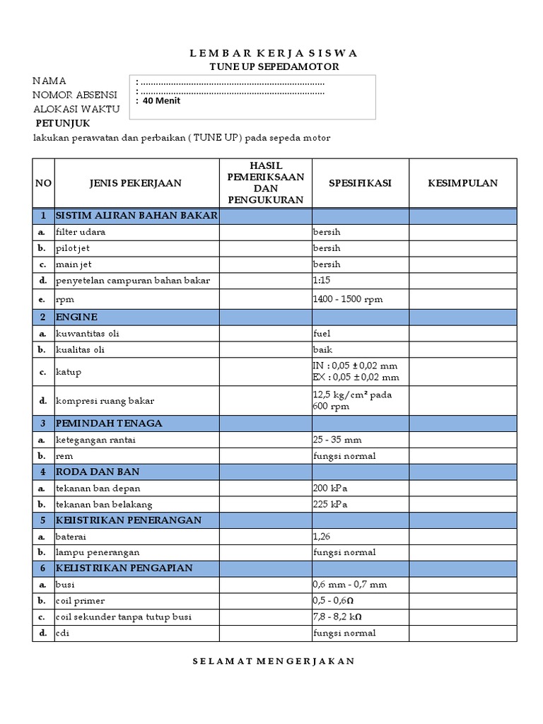 Lembar Kerja Tune Up Sepeda Motor | PDF