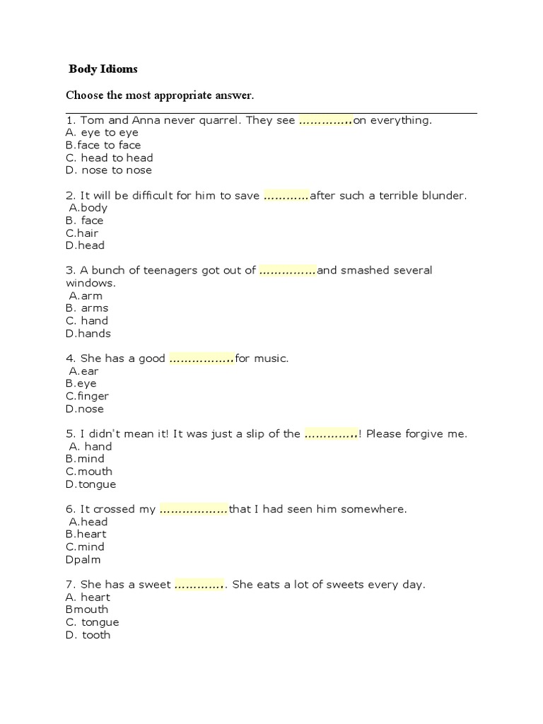 Body Idioms Exercises and Answers | PDF