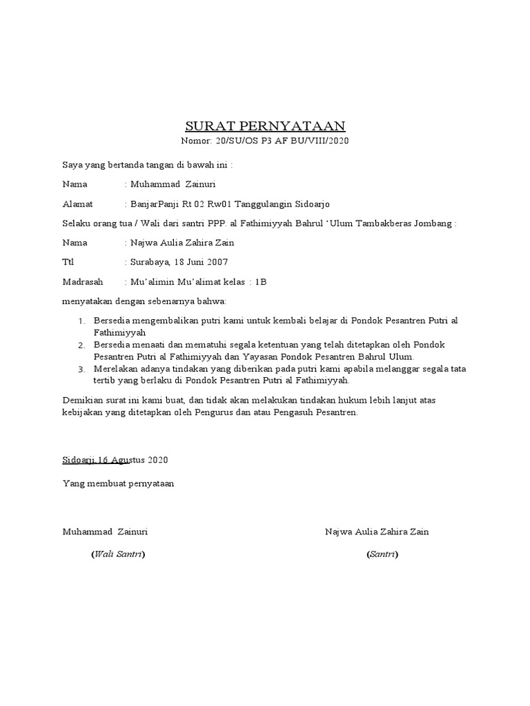 SURAT PERNYATAAN Kembali Pondok | PDF