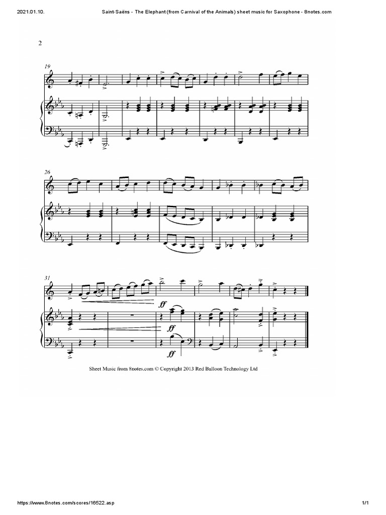 Saint-Saëns - The Elephant (From Carnival of The Animals) Sheet Music ...